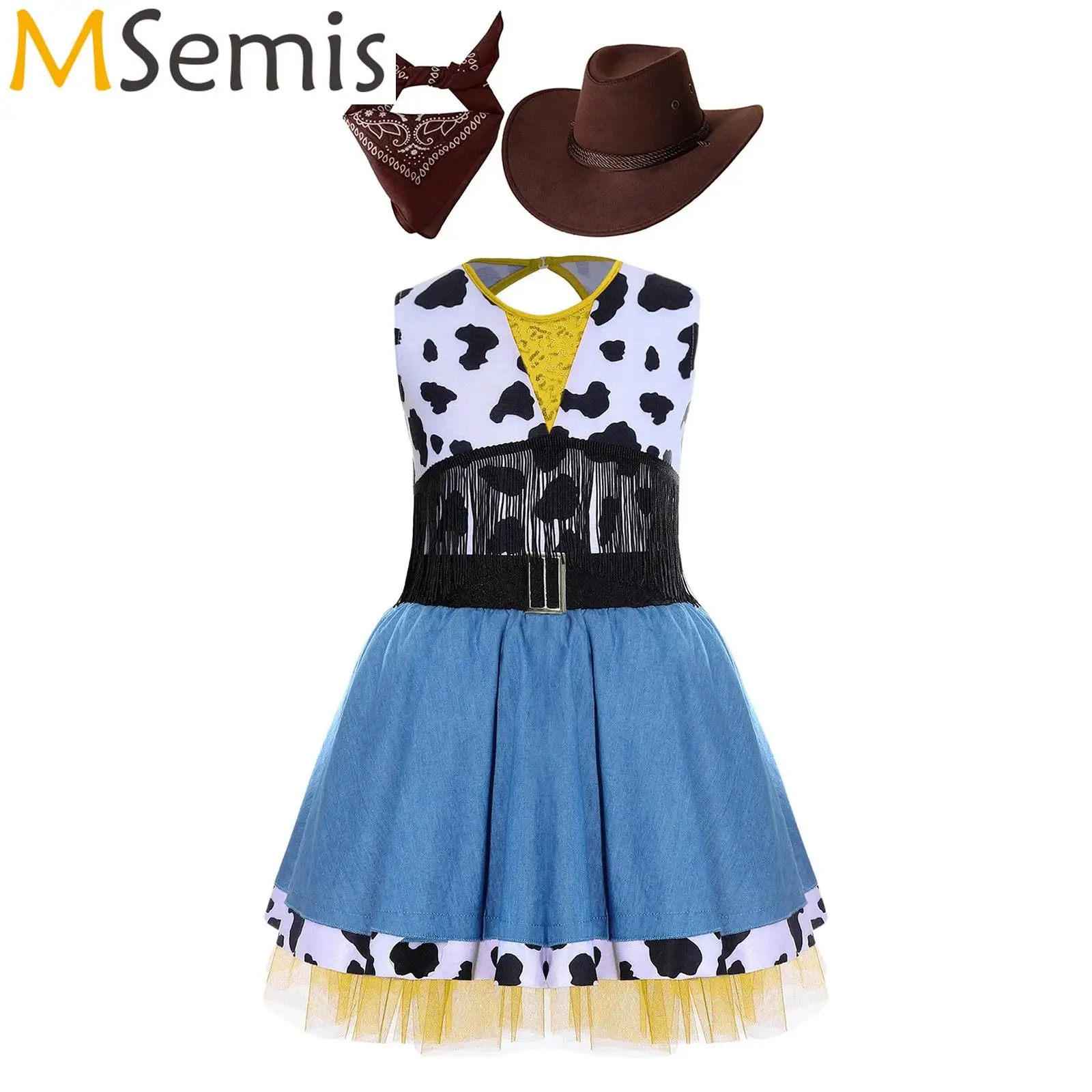 3Pcs Girls Halloween Western Cowgirl Cosplay Costume Dress Up Cow Print ...