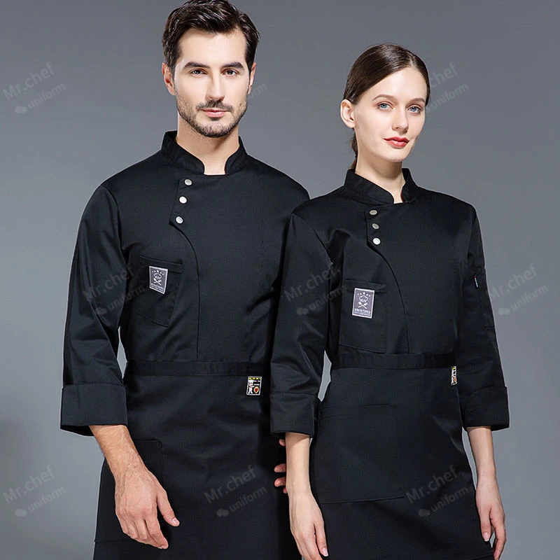 black-chef-uniform-jacket-long-sleeve-chef-T-shirt-restaurant-Uniform ...