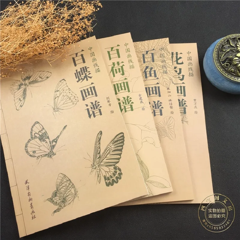 4 Pcs/Set Chinese Painting Line Drawing Book Color Pencil Bird Flower ...