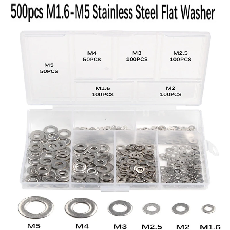 500pcs Stainless Steel Flat Washer M1.6 M2 M2.5 M3 M4 M5 Combination ...