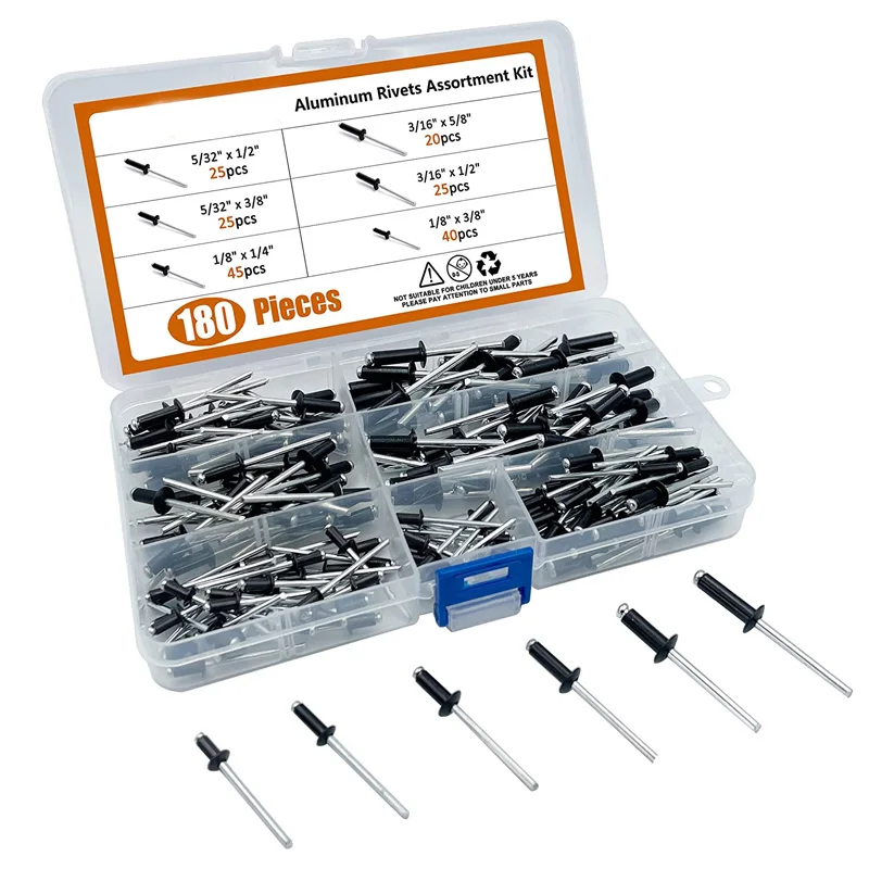 180pcs Aluminium Mushroon Head Break Mandrel Blind Rivets Nail Black ...