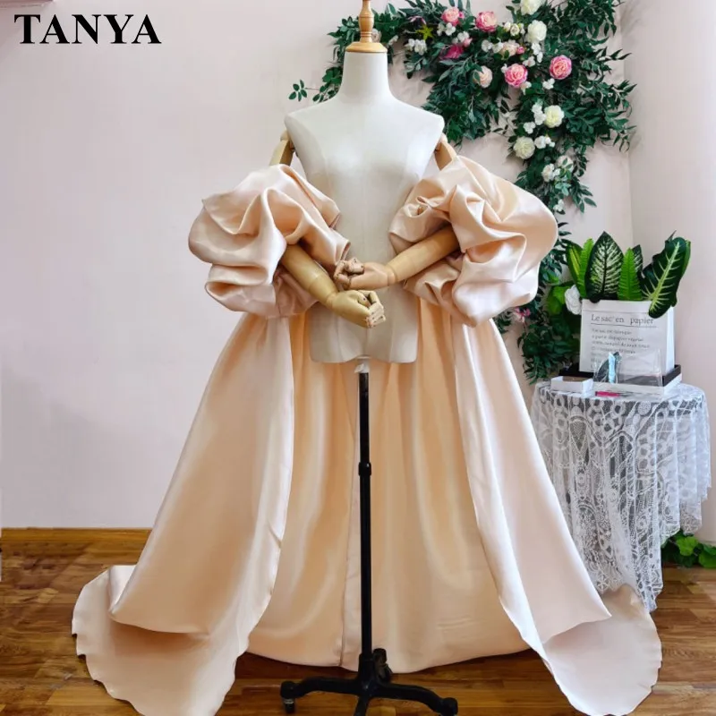 Champagne-Mikado-Satin-Long-Wedding-Cape-Puffy-Short-Sleeves-Court-Tain ...