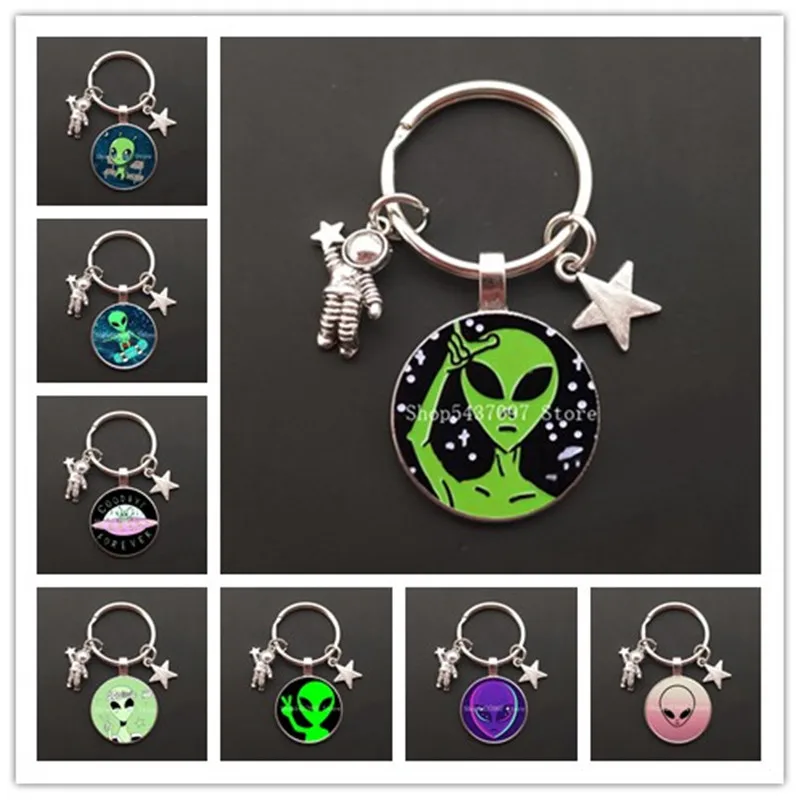 Funny-alien-key-ring-glass-cabochon-bag-car-key-chain-astronaut-key ...