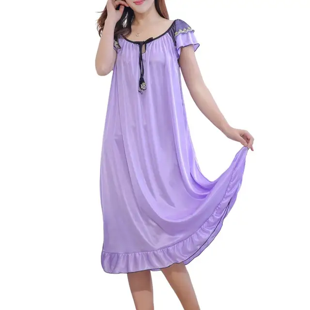 Satin Pajama Dress Women Lounge O-Neck Lace-up Short Sleeve Thin ...