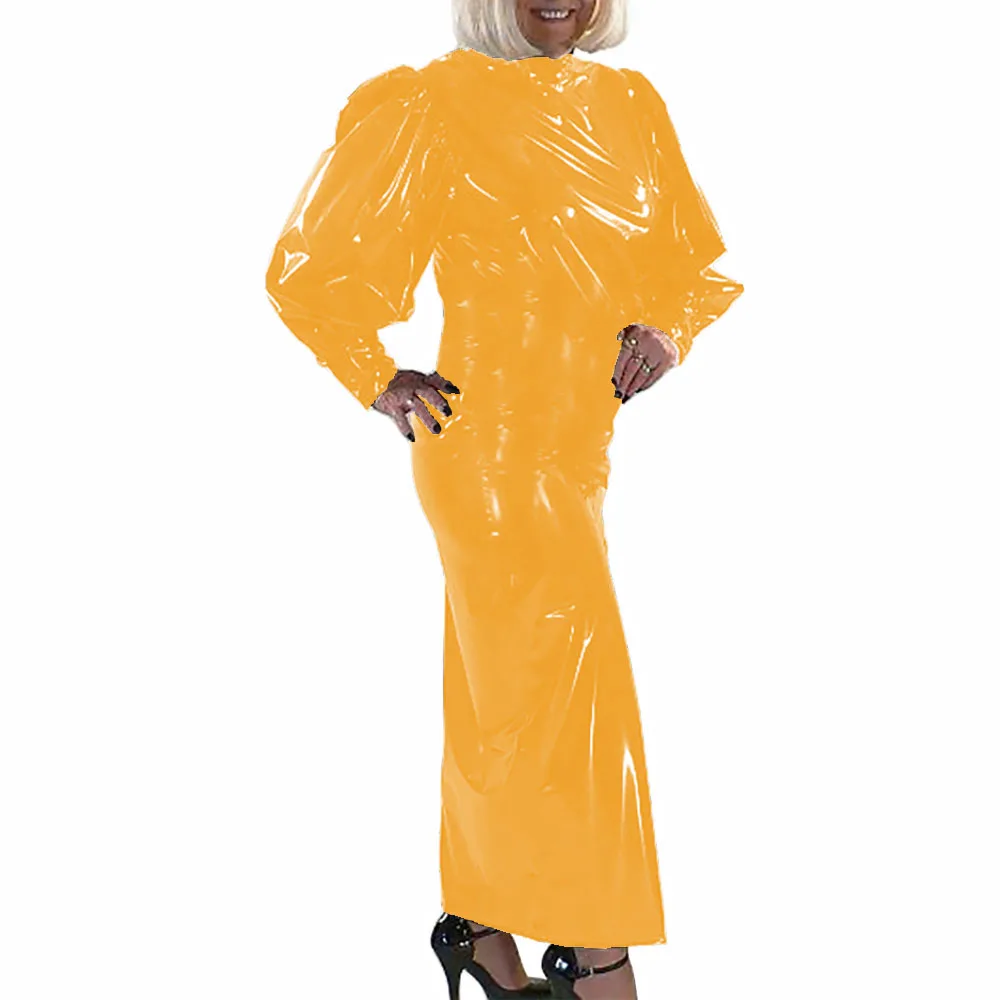 Elegant-Long-Dress-Wet-Look-PVC-Leather-Long-Puff-Sleeve-High-Waist ...