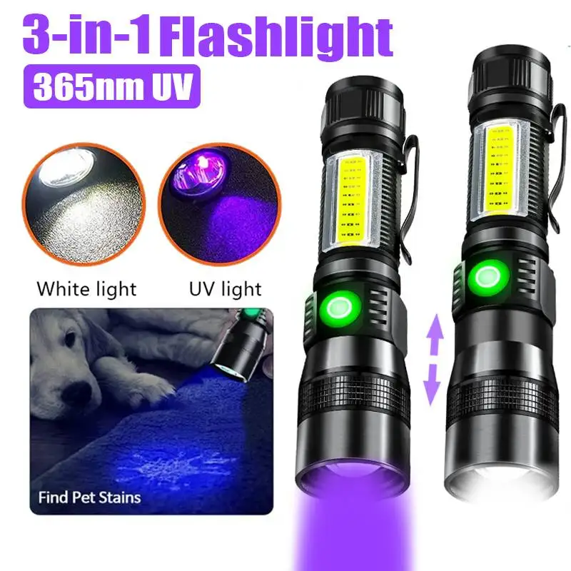 Powerful-3in1-LED-Flashlight-365NM-UV-Light-Flashlight-Rechargeable-Zoom-Torch-Pets-Urine-Stains ...