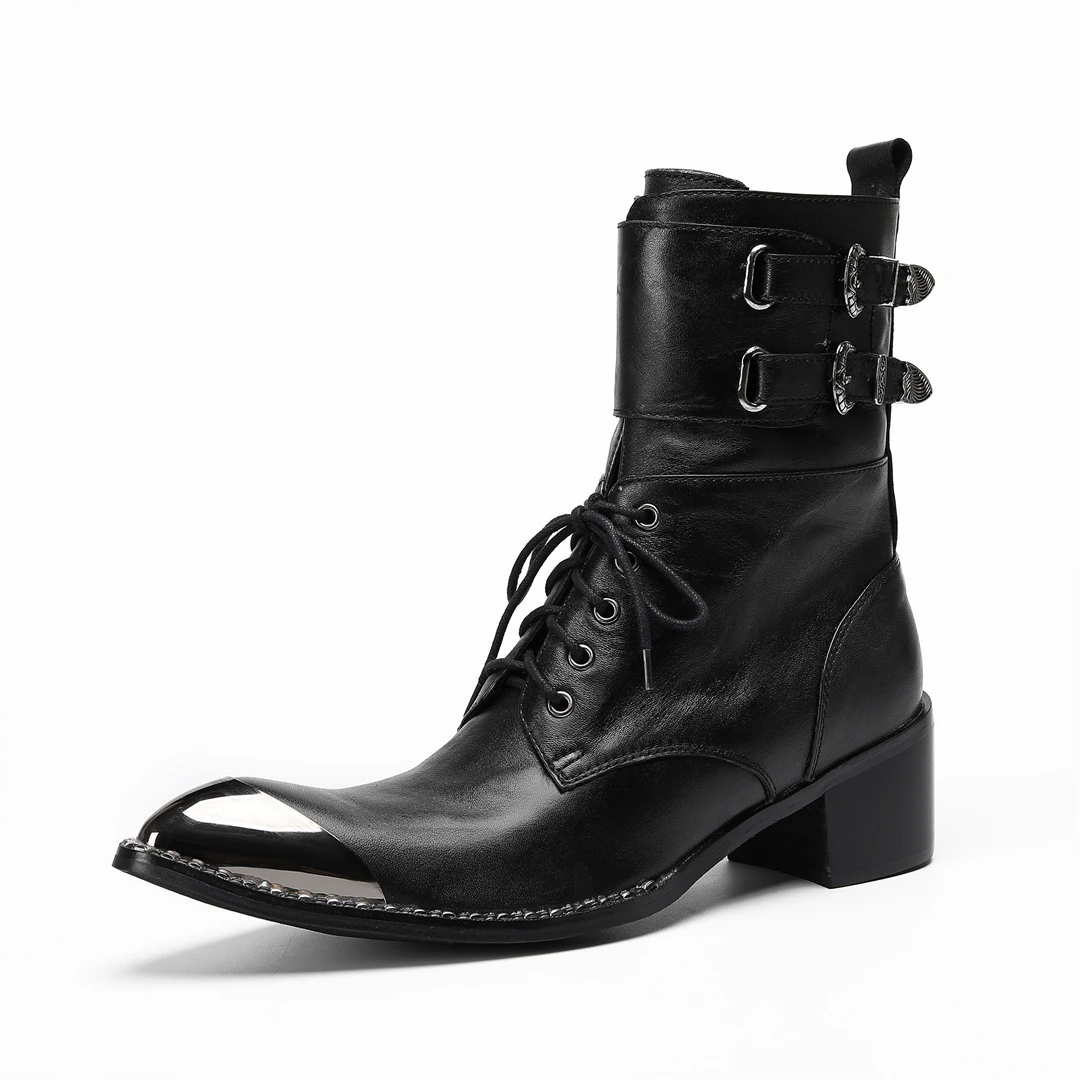 Mid heeled leather boots for men double button stage metal pointed ...