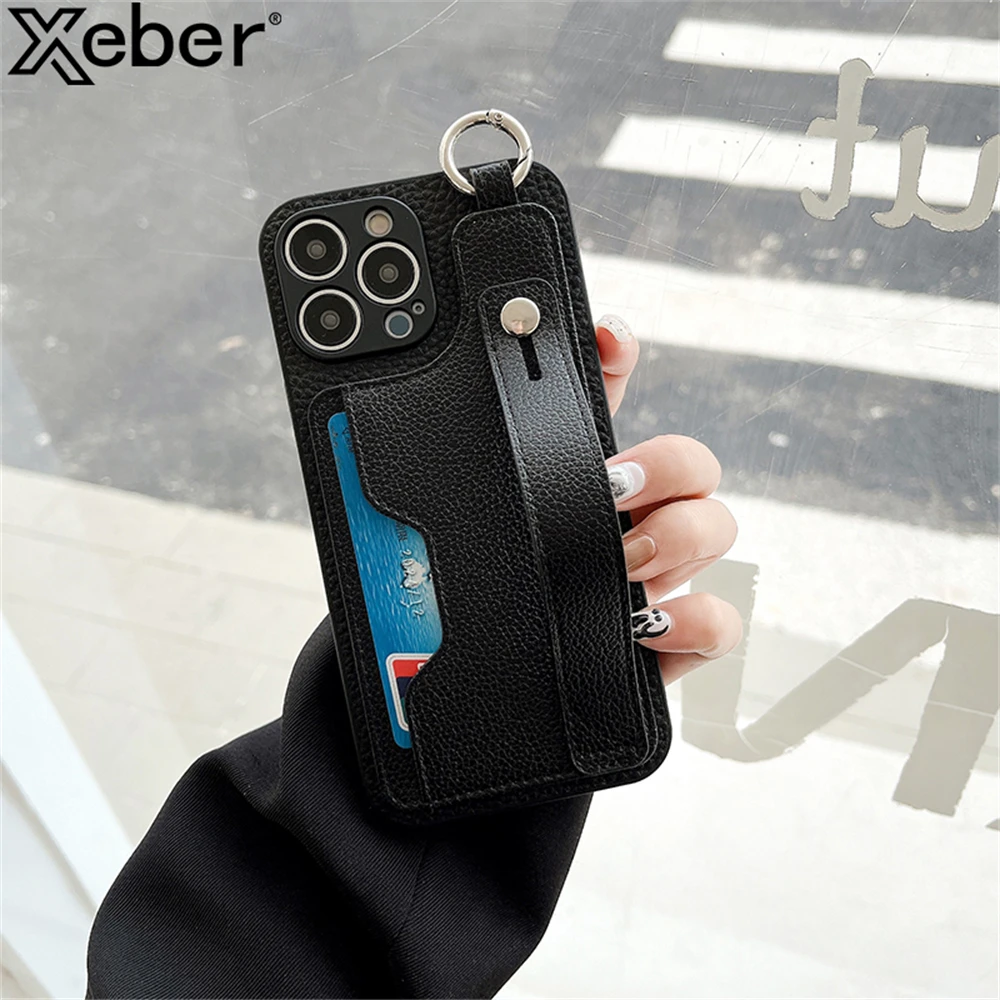 Luxury Wrist Strap Holder Lychee Pattern Leather Phone Case For iPhone 14 13 12 11 Pro Max X XR ...