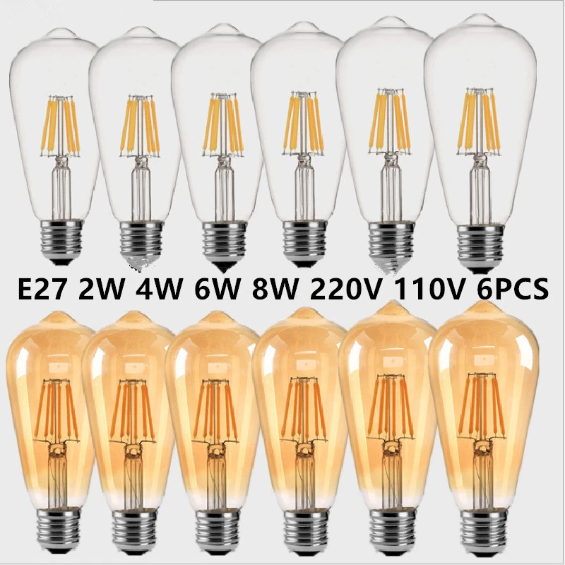 6pcs Led Edison Filament Light Bulbs Golden Art Lights St64 Dimmable ...