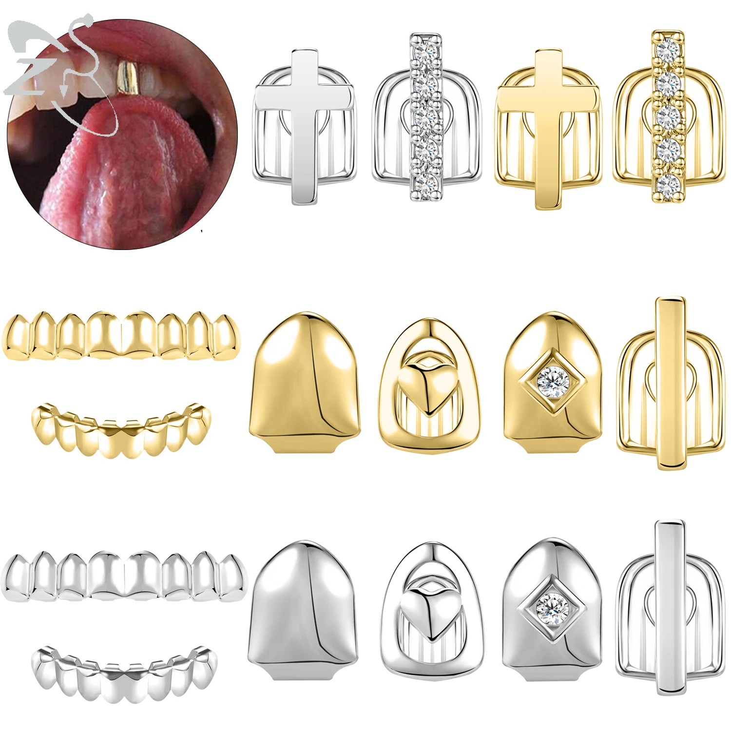 Zs 14k Gold Plated Cap Teeth Grillz Cross Heart Gold Grillz Top And ...