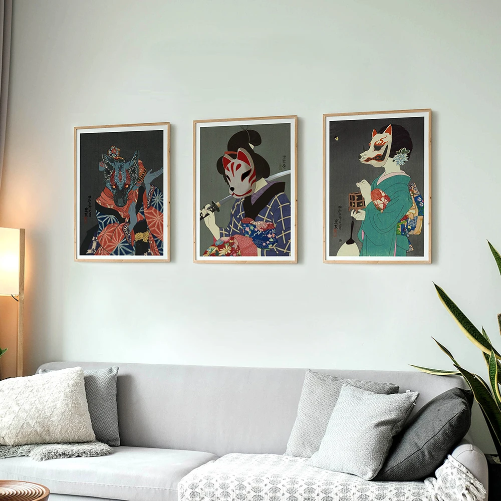 Japanese Mask Art Poster Vintage Geisha Traditional Canvas Painting ...