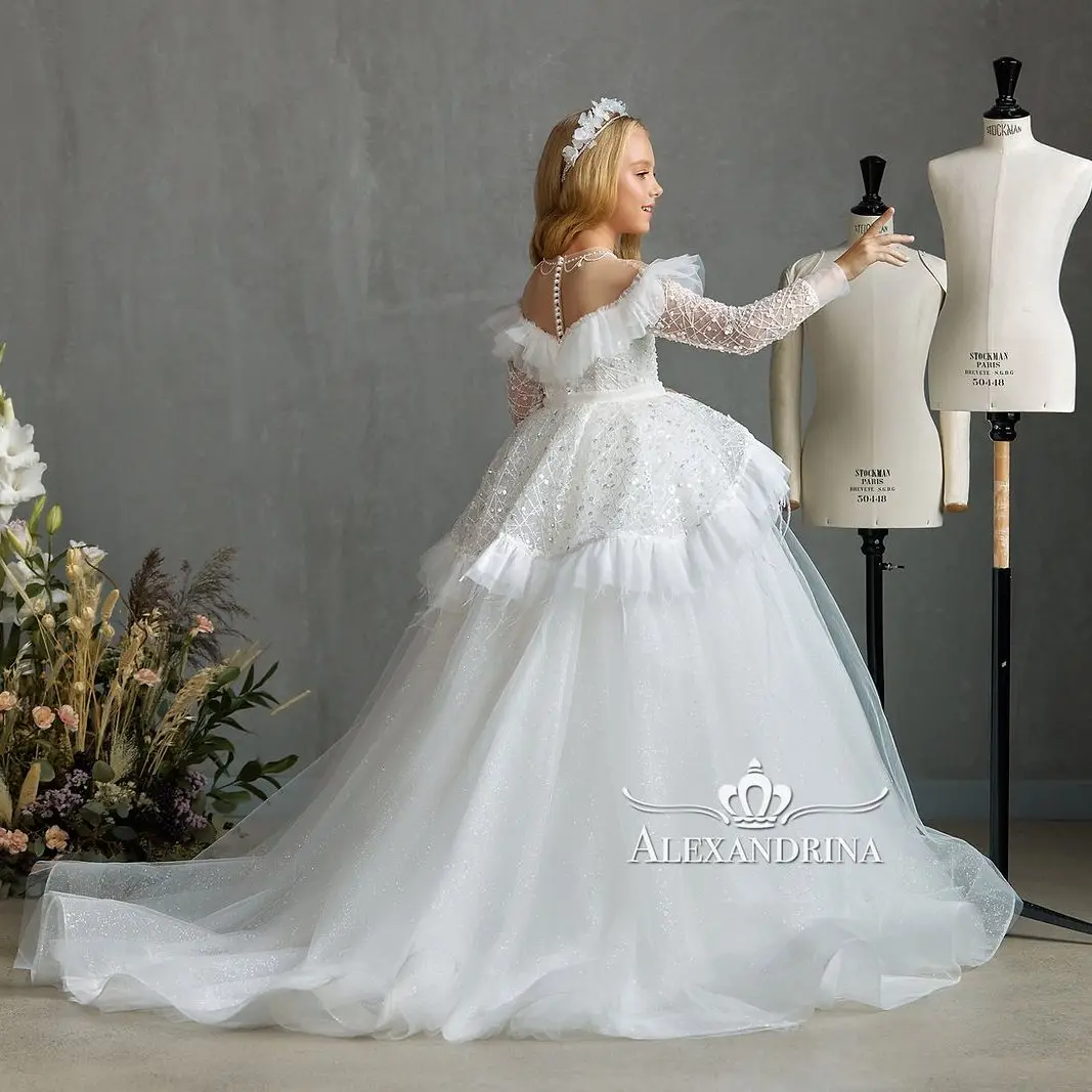 Feather-Sequined-Flower-Girls-Dress-for-Wedding-Kids-Shiny-Long-Sleeve ...