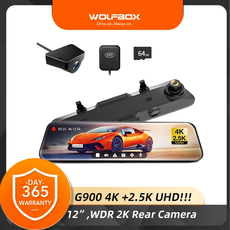 Wolfbox G900 차량용 DVR 4K IPS 대시 카메라, 차량용 지지대 GPS, 24 시간 주차 모니터, 드라이브 녹음기 블랙 박스, 12 인치