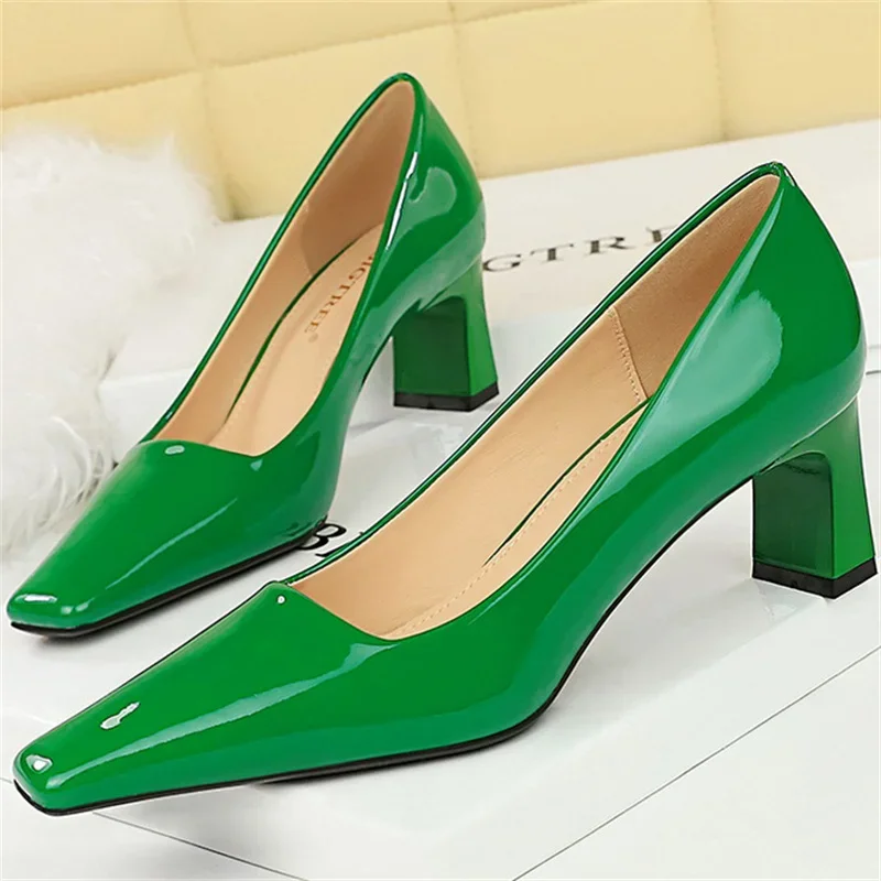 Women-6cm-High-Heels-Pumps-Lady-Square-Toe-Glossy-Patent-Leather-Block ...