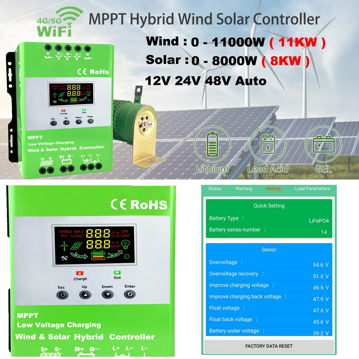 12V 24V 48V 6000W Wifi Wind Solar Hybrid Charge Controller, MPPT Charge ...