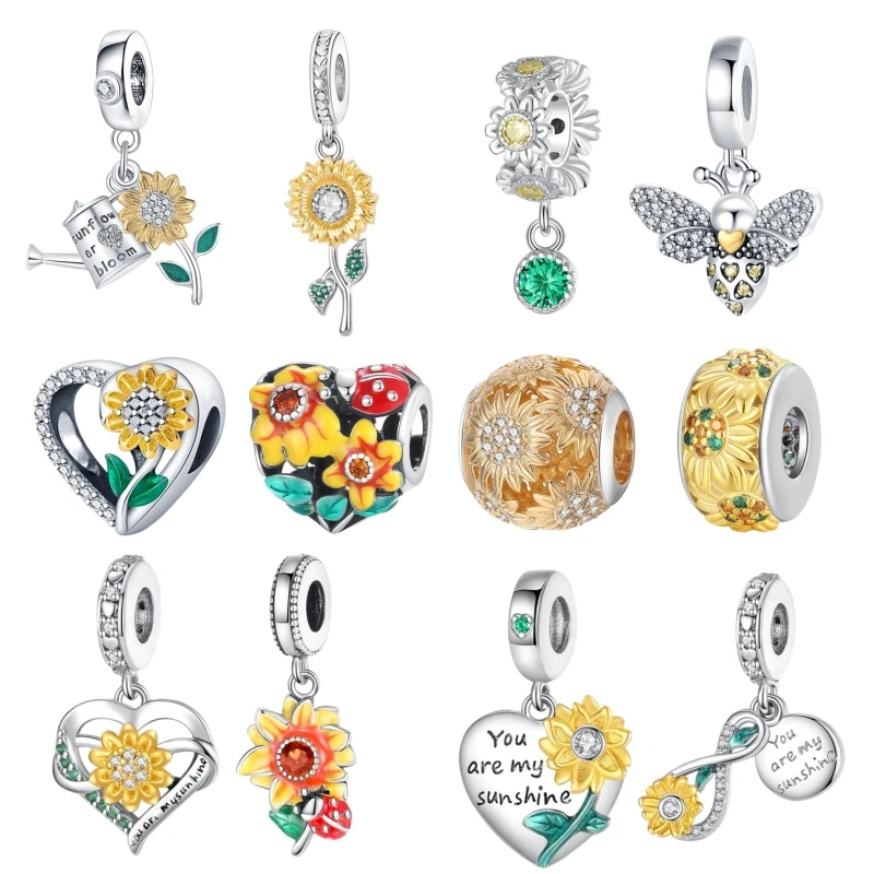 New-Silver-Plated-925-Charming-Gold-Sunflower-Heart-shaped-Charming ...