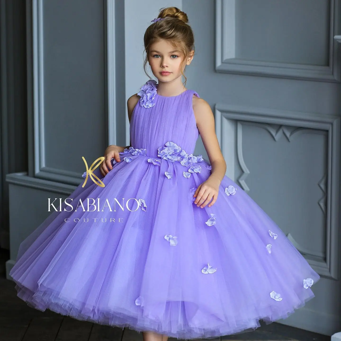 Lavender-Flower-Girl-Dress-Floral-Wedding-Party-Tea-Length-Puffy ...