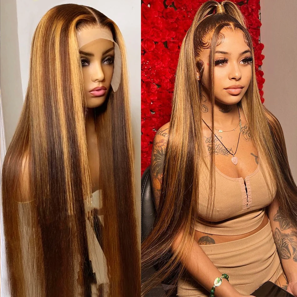 Luvin 250% Bone Straight Highlight Wigs Human Hair 13x6 Lace Front Wig Colored Ombre 13x6 ...