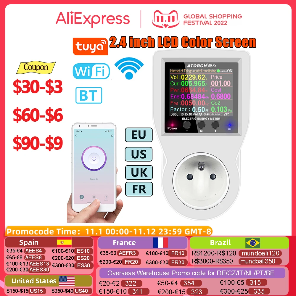 Tuya Wifi/BT Intelligent Power Socket Electricity Power Monitor Multi ...