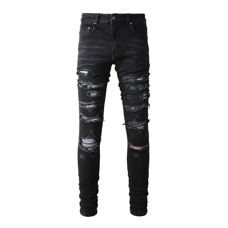 Men-s-Youth-Stretch-Black-Distressed-Hole-Jeans-Collage-Cracked-Skinny ...