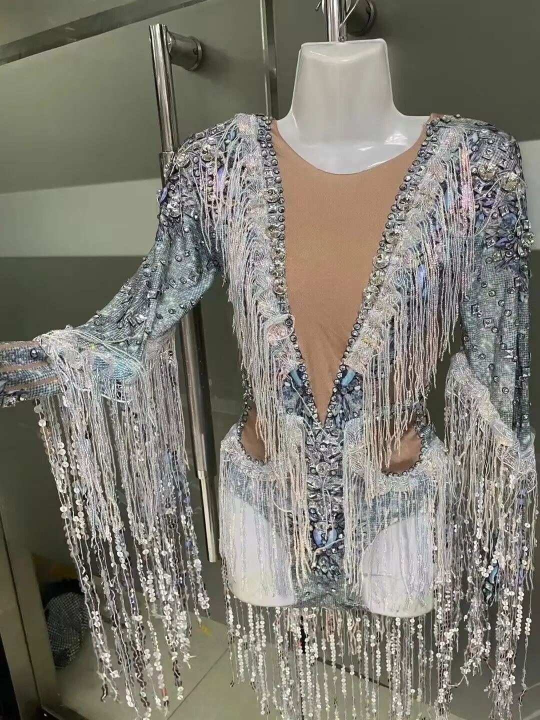 Silver-Rhinestone-Sequin-Tassel-Bodysuit-Women-Latin-Dance-Fringes ...