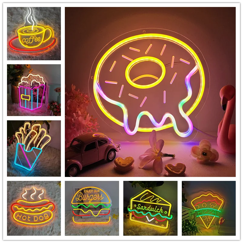 Donut-Shaped-Neon-Sign-Night-Light-Pizza-Hot-Dog-USB-Wall-Hanging-LED ...