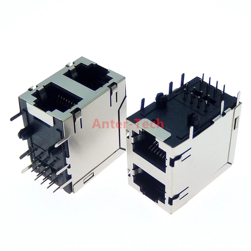 Rj45 2x1 2*1 Stack 2 Port Shielded Modular 59 Pcb Double Layer Jack 8p8c Right Angle Through ...