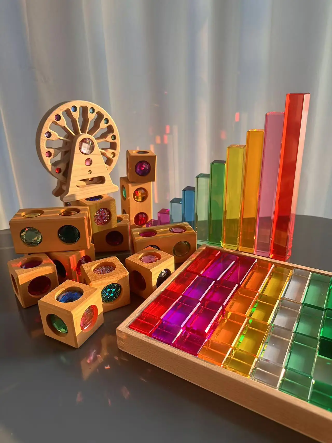 New Kids Acrylic Sparkling 6 sides 3D Gems Wooden Blocks Toy Rainbow ...