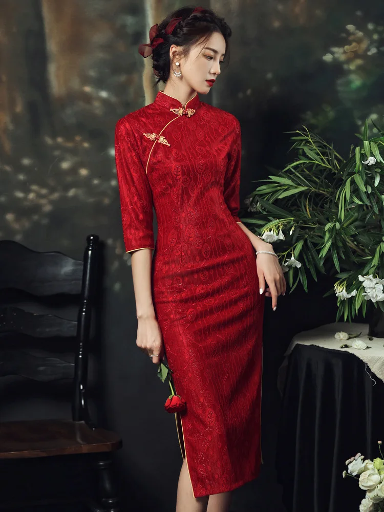 Vestido-largo-de-estilo-chino-Cheongsam-Qipao-rojo-ajustado-fiesta-de ...