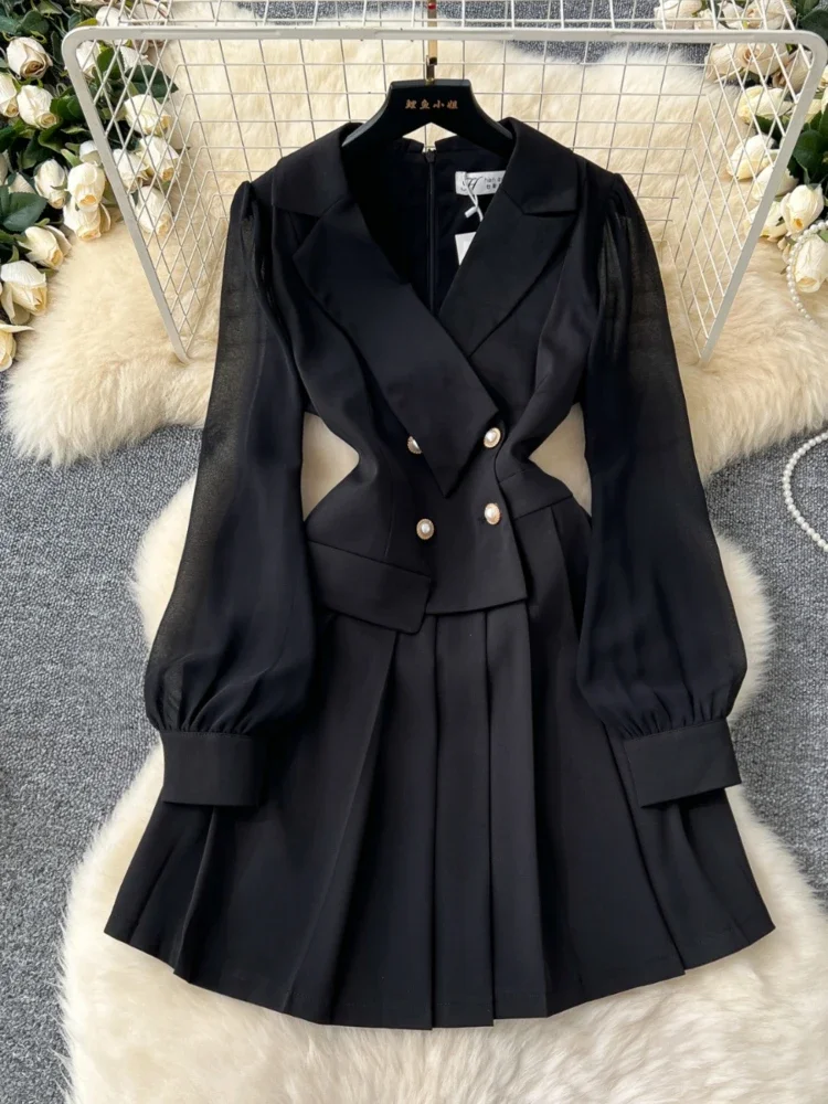 Vestido-Blazer-negro-para-mujer-vestidos-plisados-de-manga-larga-de ...