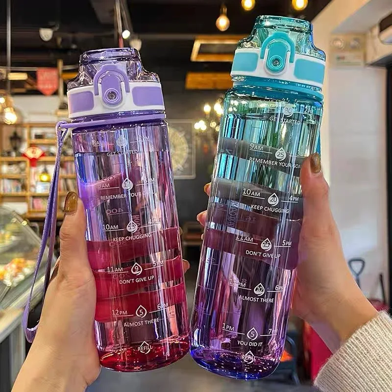 1L Gradient Plastic Water Bottle Cup with Time Mark Scale Sport Water ...