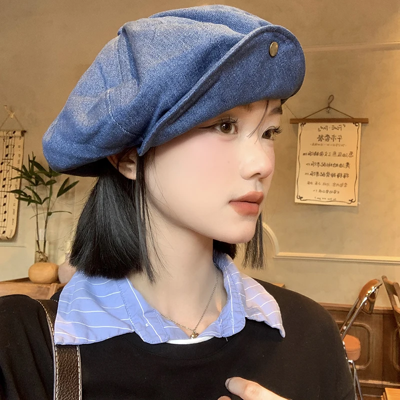 Japanese-Flanged-Blue-Denim-Berets-Caps-for-Women-Spring-and-Autumn ...