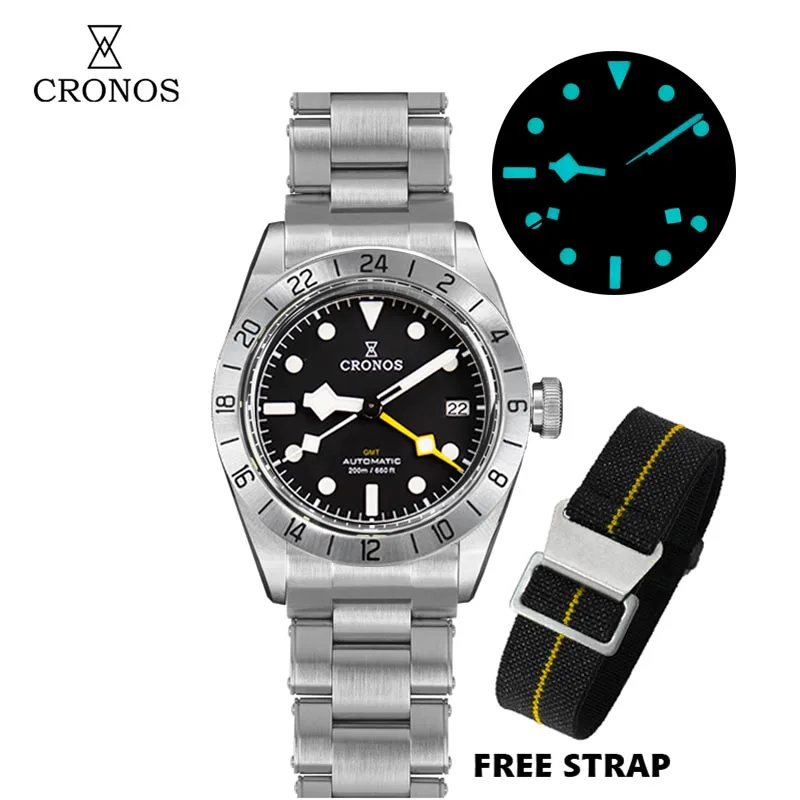 Cronos Vintage GMT 39mm NH34 Automatic Men Watch Mechanical Sapphire ...
