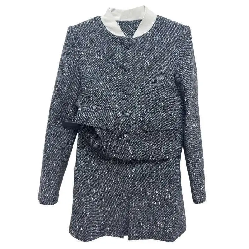 Luxury 2025 Spring Coarse Tweed Two Piece Set Women's Blue Jacket Short ...