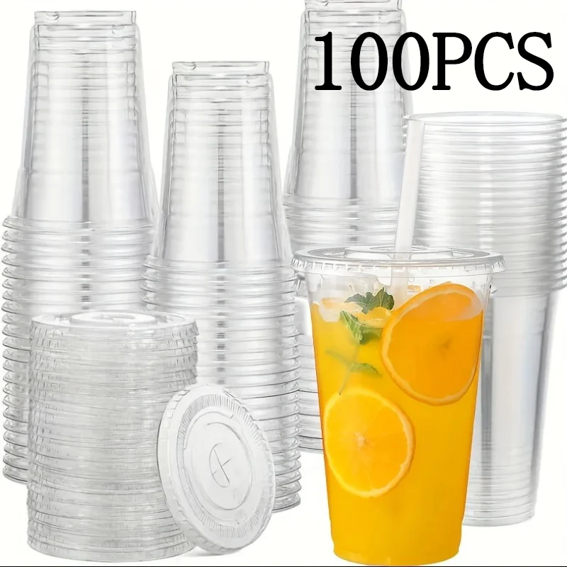 100Sets 12/16OZ Plastic Cups with Lids Clear Disposable Cups Straw for ...