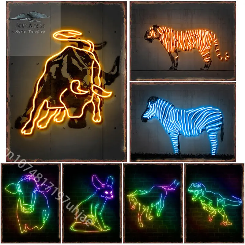 Neon-Animal-Wall-Art-Metal-Tin-Sign-Poster-for-Cows-Zebras-Tigers-Deer ...