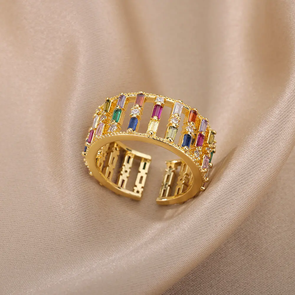 Rainbow-Zircon-Rings-For-Women-Stainless-Steel-Gold-Color-Geometric ...