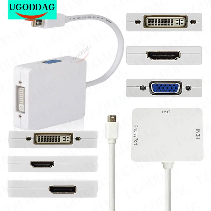 3 em 1 Mini DP Thunderbolt DisplayPort para HDMI compatível com DVI VGA Display Port cabo ...