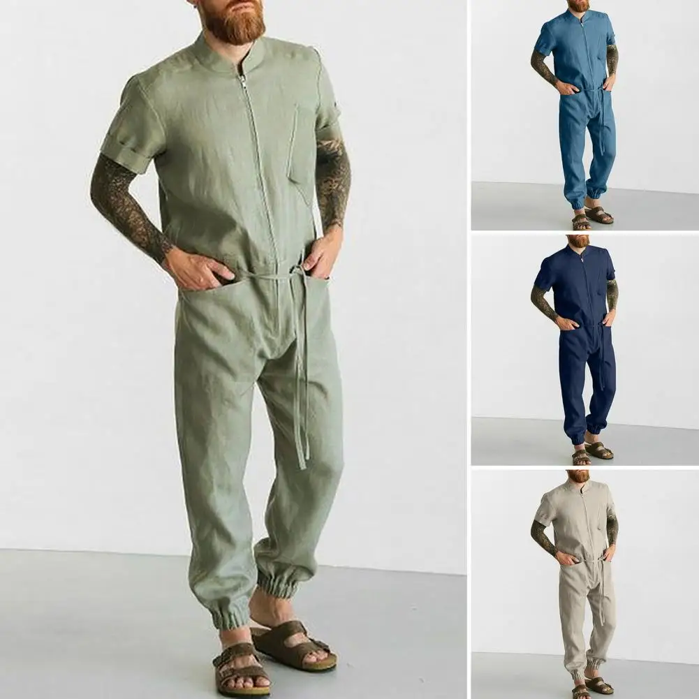 Men-Jumpsuit-Solid-Color-Short-Sleeves-Patch-Pocket-Zipper-Fly-Stand ...