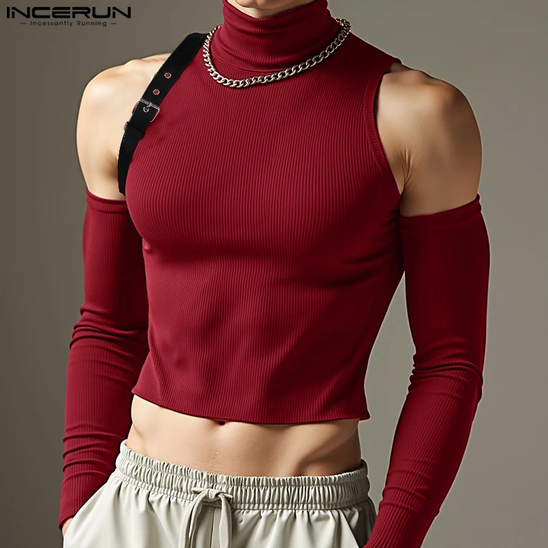 INCERUN Men Tank Tops Knitted Patchwork Turtleneck Sleeveless With ...
