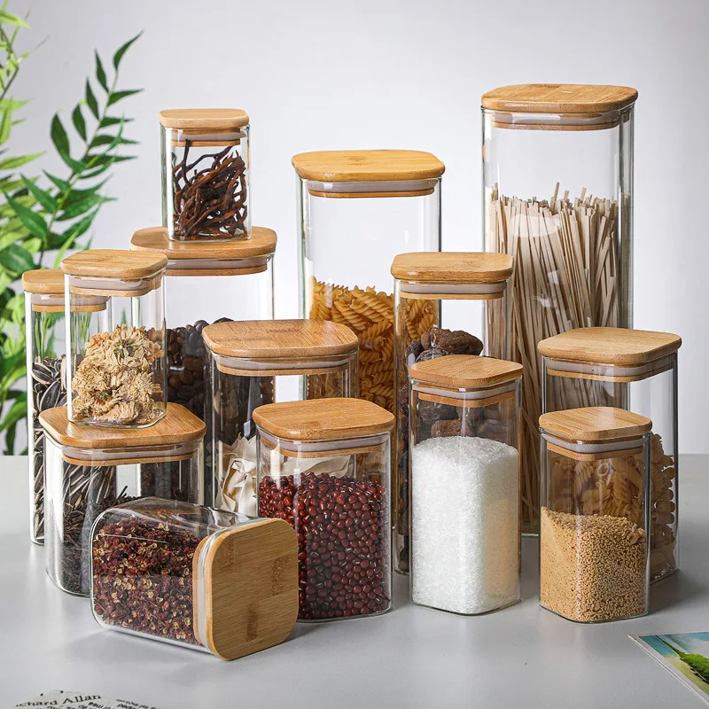 Bamboo Glass Tins Transparent Storage Bottles Tea Beans And Jars Square ...