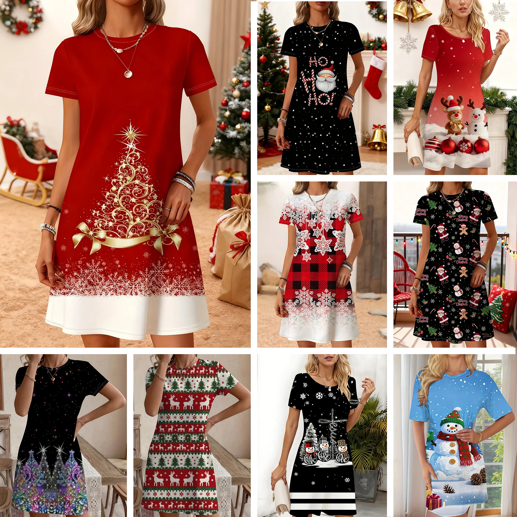 Women'S Christmas Tree Print Dress Red Golden Holiday Party Outfit All ...