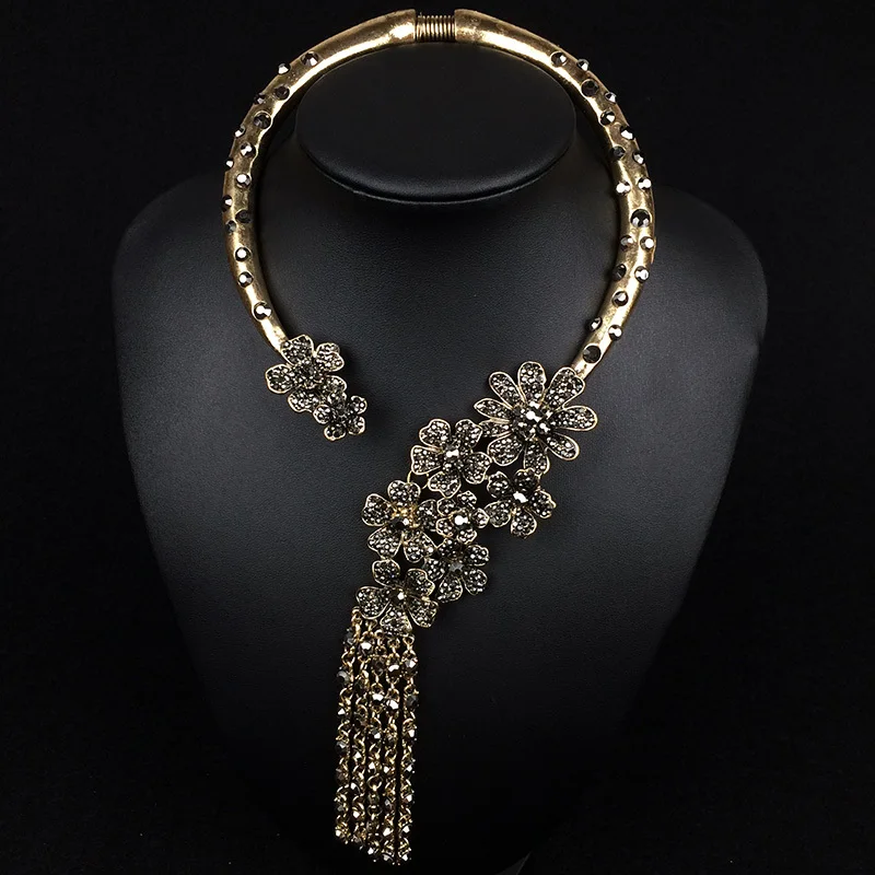Vintage Statement Open Choker Necklace Women Layered Crystal Flowers ...
