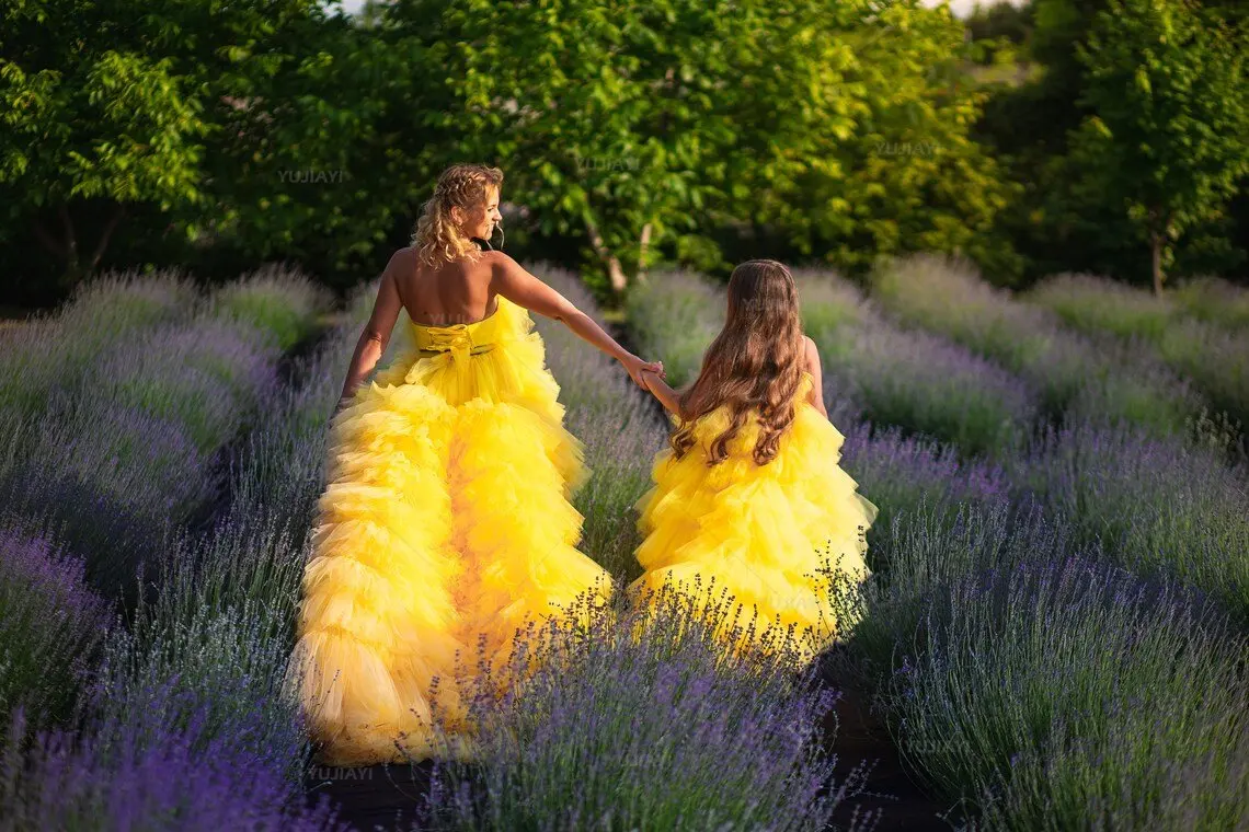 Yellow Mommy and Me Long Dress Puffy Ruffles Tulle Tiered Princess ...
