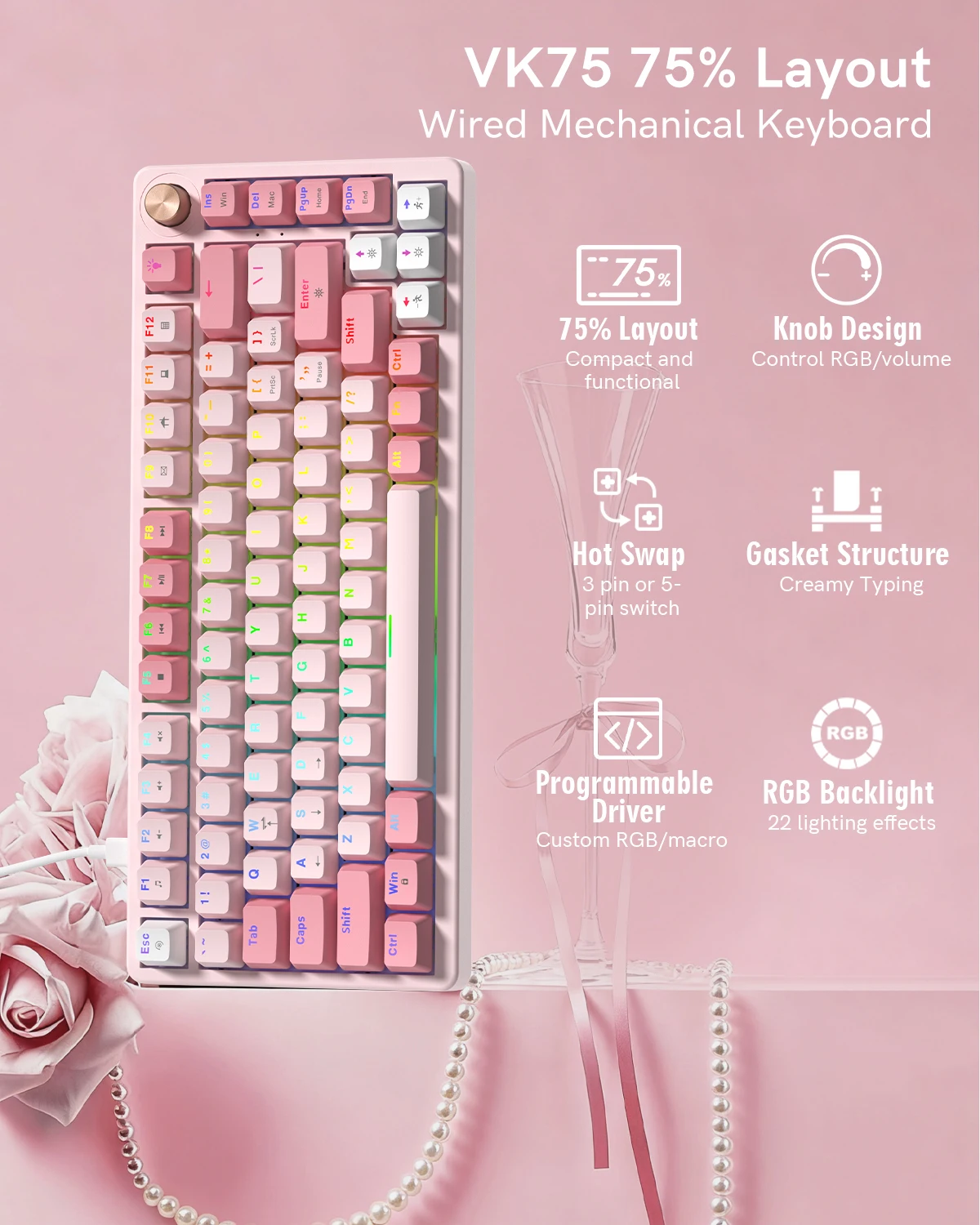 Womier VK75 Wired Mechanical Keyboard Retro Pink Custom Hot-swappable ...