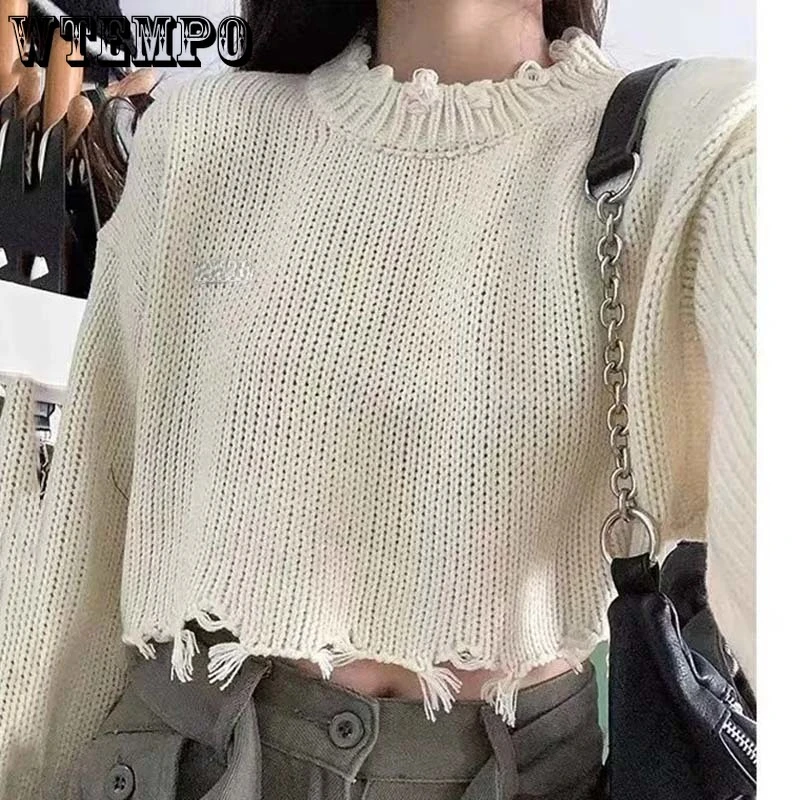 Ripped Cropped Knitted Sweater Women Thin Outer Wear Long Sleeve Crew ...