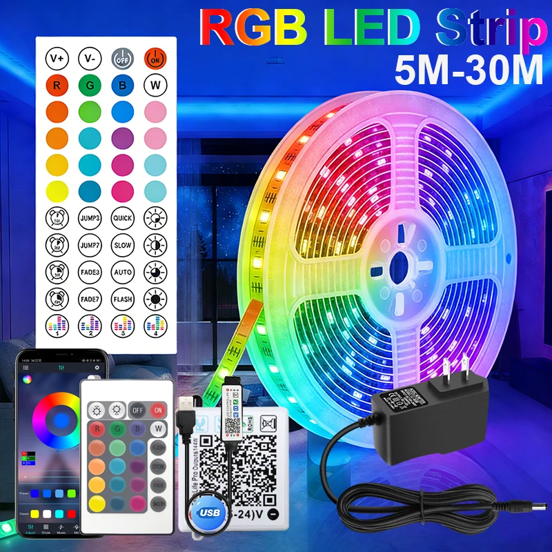 Nova Fita de Luzes LED RGB 24V 5M 10M 20M 30M com Sincronização Musical ...