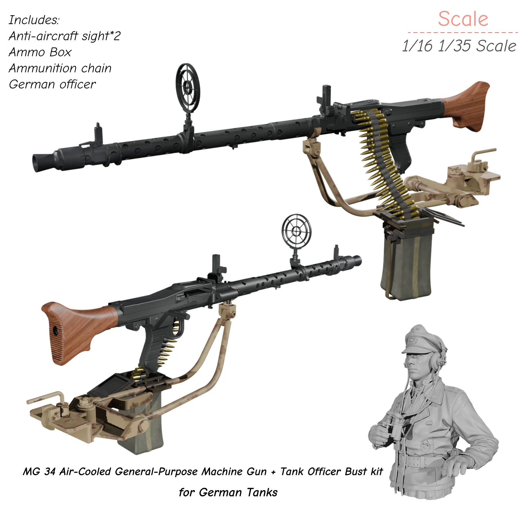 1/16 1/35 Scale MG 34 Air-Cooled General-Purpose Machine Gun + Tank ...