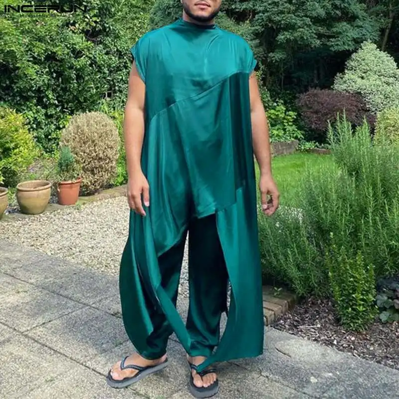 INCERUN-Conjunto-de-cal-as-e-robes-Kaftan-irregulares-de-manga-curta-de ...