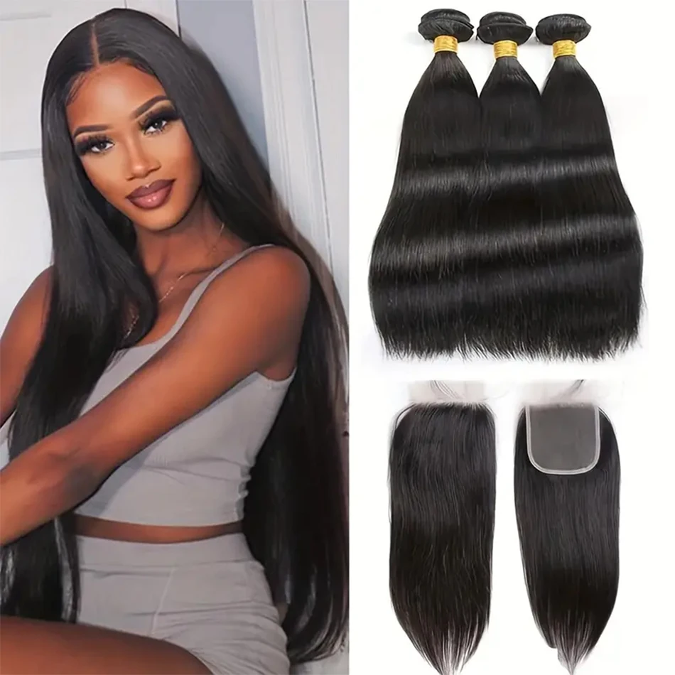 12A-Human-Hair-Bundles-With-Closure-Peruvian-Straight-4-Bundles-With ...